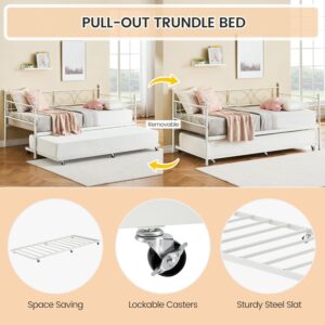 IDEALHOUSE Twin Daybed with Trundle, Metal Trundle Bed, Sofa Bed Frame, Heavy Duty Metal Slats, for Living Room, Bedroom, Guest Room, Space Saving, White