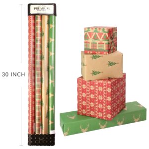 LaRibbons Kraft Christmas Wrapping Paper Set, 30 Inch X 10 Feet (4 Rolls: 100 Sq. Ft. Ttl) Snowflake, Green Tree, Deer Antlers and Gift Box Shapes Design for Xmas, Party, Holiday, Celebration