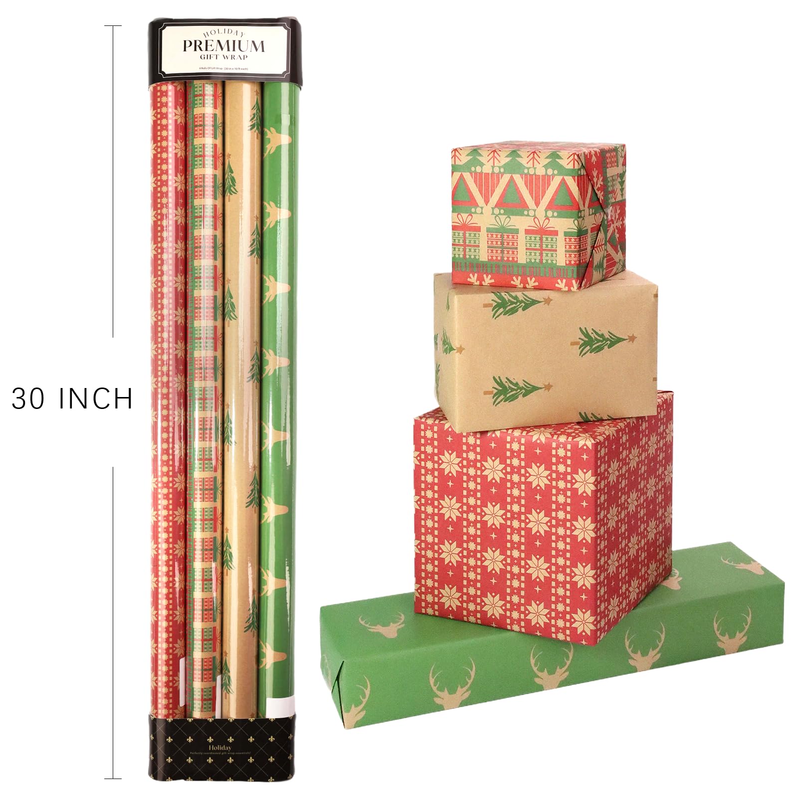 LaRibbons Kraft Christmas Wrapping Paper Set, 30 Inch X 10 Feet (4 Rolls: 100 Sq. Ft. Ttl) Snowflake, Green Tree, Deer Antlers and Gift Box Shapes Design for Xmas, Party, Holiday, Celebration