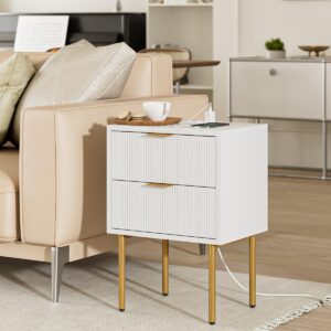 Aienvey Nightstand with Charging Station,Small Side Table with 2 Drawers, Bedside Furniture, White Night Stand, End Table with Gold Frame for Bedroom, Living Room, Stripe