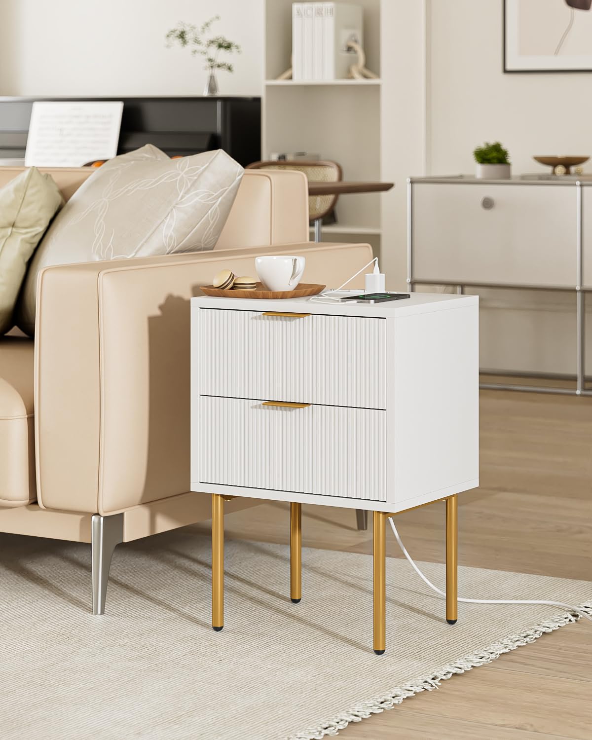 Aienvey Nightstand with Charging Station,Small Side Table with 2 Drawers, Bedside Furniture, White Night Stand, End Table with Gold Frame for Bedroom, Living Room, Stripe