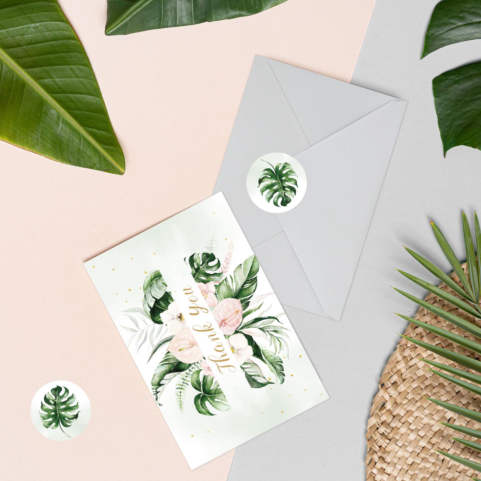 Whaline 24 Pack Tropical Thank You Cards Floral Palm Leaves Greeting Cards with Envelopes Stickers Summer Blank Note Cards for Holiday Wedding Bridal Shower Birthday, 4 x 6 Inch