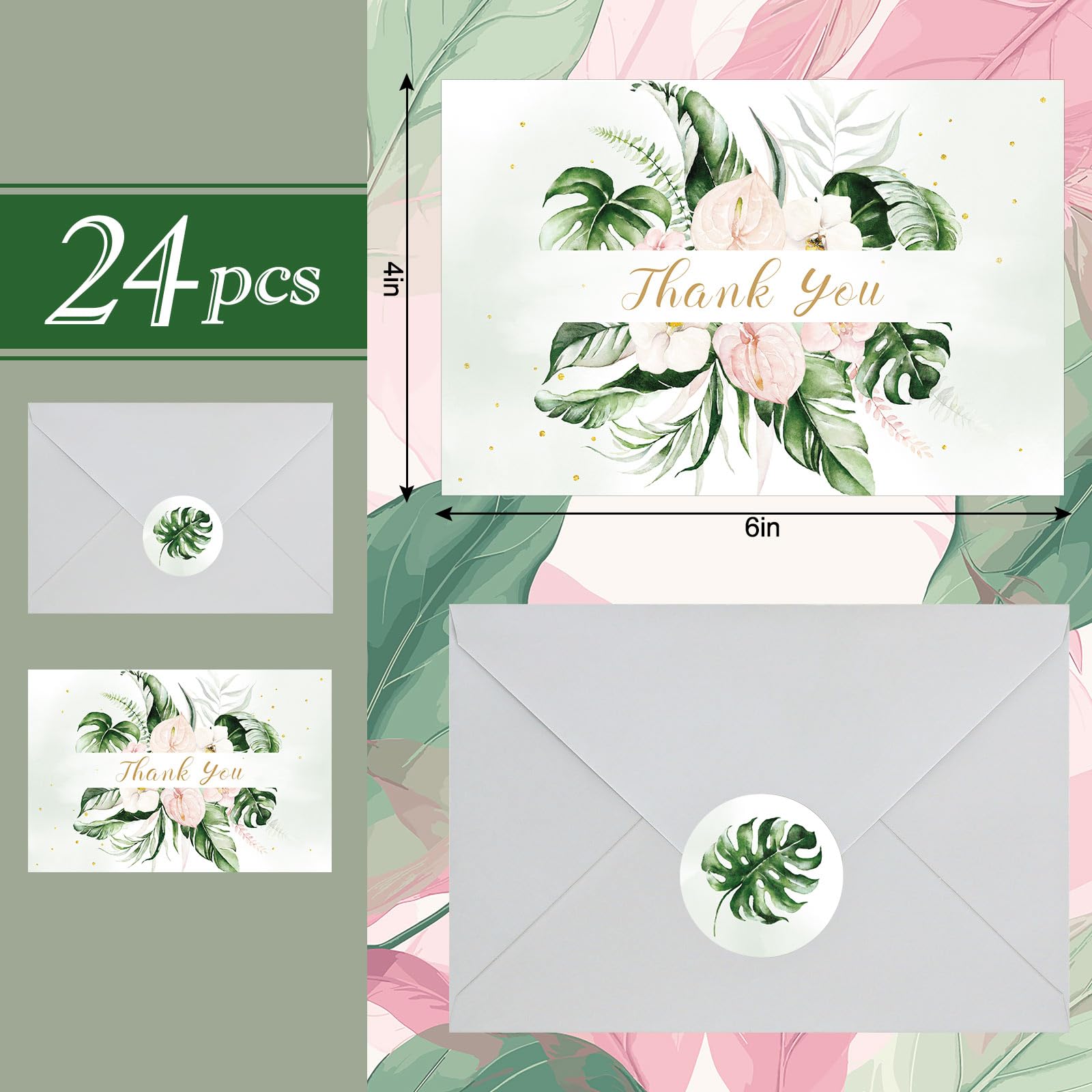 Whaline 24 Pack Tropical Thank You Cards Floral Palm Leaves Greeting Cards with Envelopes Stickers Summer Blank Note Cards for Holiday Wedding Bridal Shower Birthday, 4 x 6 Inch