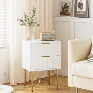 Aienvey Nightstand with Charging Station,Small Side Table with 2 Drawers, Bedside Furniture, White Night Stand, End Table with Gold Frame for Bedroom, Living Room, Stripe