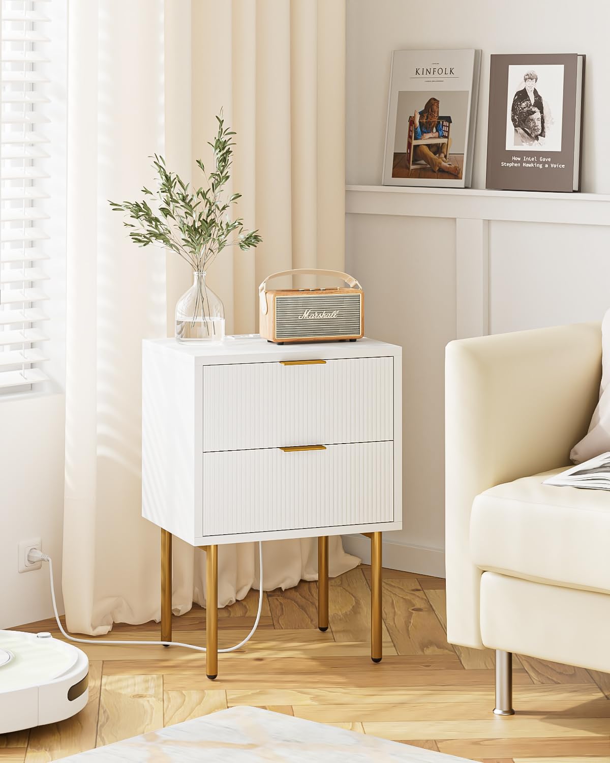 Aienvey Nightstand with Charging Station,Small Side Table with 2 Drawers, Bedside Furniture, White Night Stand, End Table with Gold Frame for Bedroom, Living Room, Stripe