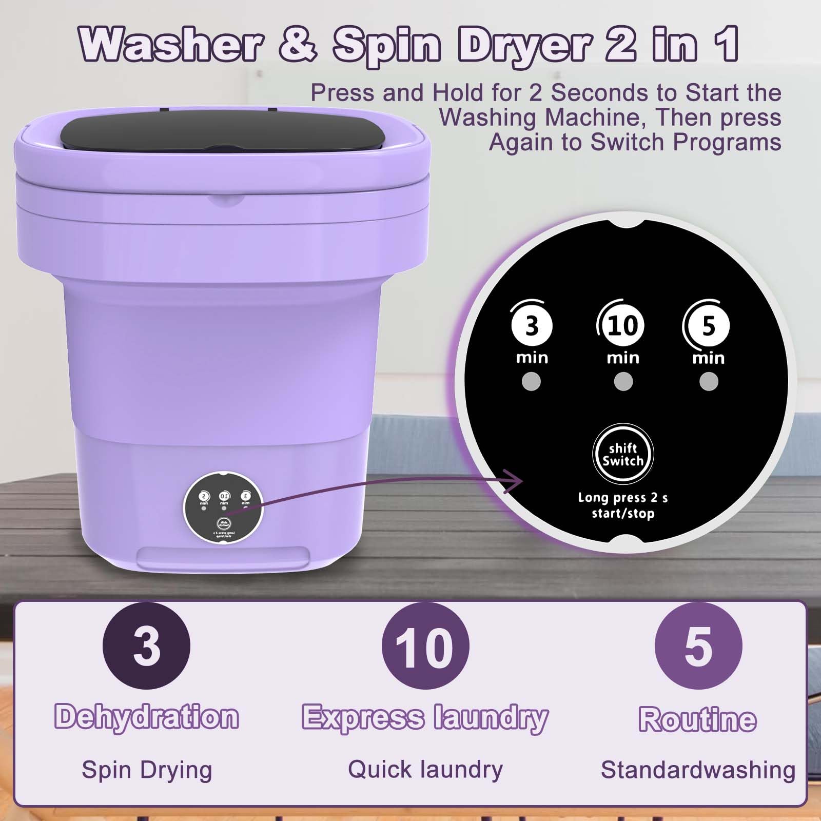 Portable Washing Machine, 11L Foldable Small Washer with Dryer for Baby Clothes, Collapsible Mini Washing Machine with Laundry for Underwears, Baby Clothes, Socks, Pet Garments, Small Items, Purple