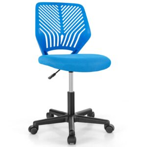 giantex kids desk chair, armless kids computer chair with lumbar support, mesh adjustable swivel study chair with wheels, small office chair for girls boys teen in bedroom school (blue)