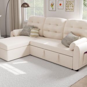 Ucloveria Sectional Sofa Couch, 87" Sleeper Sofa Bed with Reversible Storage Chaise Pull Out Couch for Living Room | Side Pocket | Charging Station | Removable Backrest | Linen Fabric, Beige