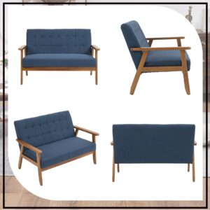 Dolonm Mid Century Modern Loveseat, Small Loveseat Sofa with Wood Frame, Linen Loveseat for Small Space, Settee Loveseat Bench for Bedroom, Button Tufted Oversized Living Room Armchair, Navy