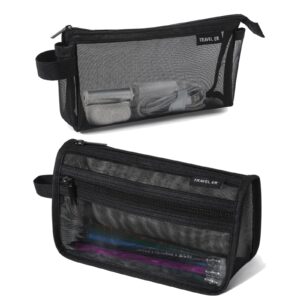 2-pack grid mesh pencil case with handle and zipper, double layer clear large capacity pencil pouch, travel makeup bag and small toiletry bag for purse, college essentials school supplies (black)