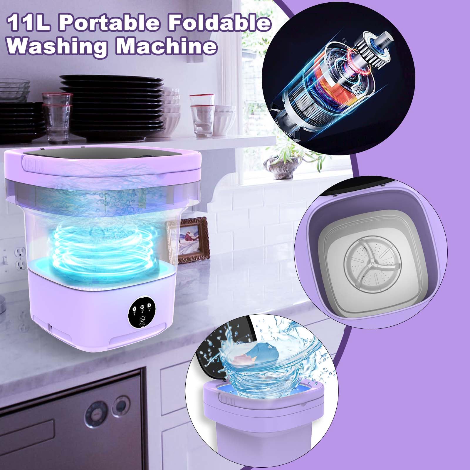 Portable Washing Machine, 11L Foldable Small Washer with Dryer for Baby Clothes, Collapsible Mini Washing Machine with Laundry for Underwears, Baby Clothes, Socks, Pet Garments, Small Items, Purple