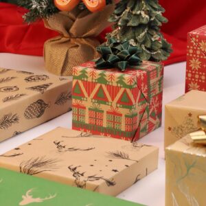 LaRibbons Kraft Christmas Wrapping Paper Set, 30 Inch X 10 Feet (4 Rolls: 100 Sq. Ft. Ttl) Snowflake, Green Tree, Deer Antlers and Gift Box Shapes Design for Xmas, Party, Holiday, Celebration