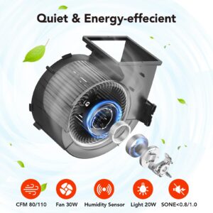 OREiN Bathroom Exhaust Fan with Light, 30W Exhaust Fan with Humidity Sensor, 80/110 CFM 0.8/1.0 Sone Bathroom Vent Fan with Light for Home, 1500lm LED Light 3000K/4000K/5000K Selectable & Nightlight