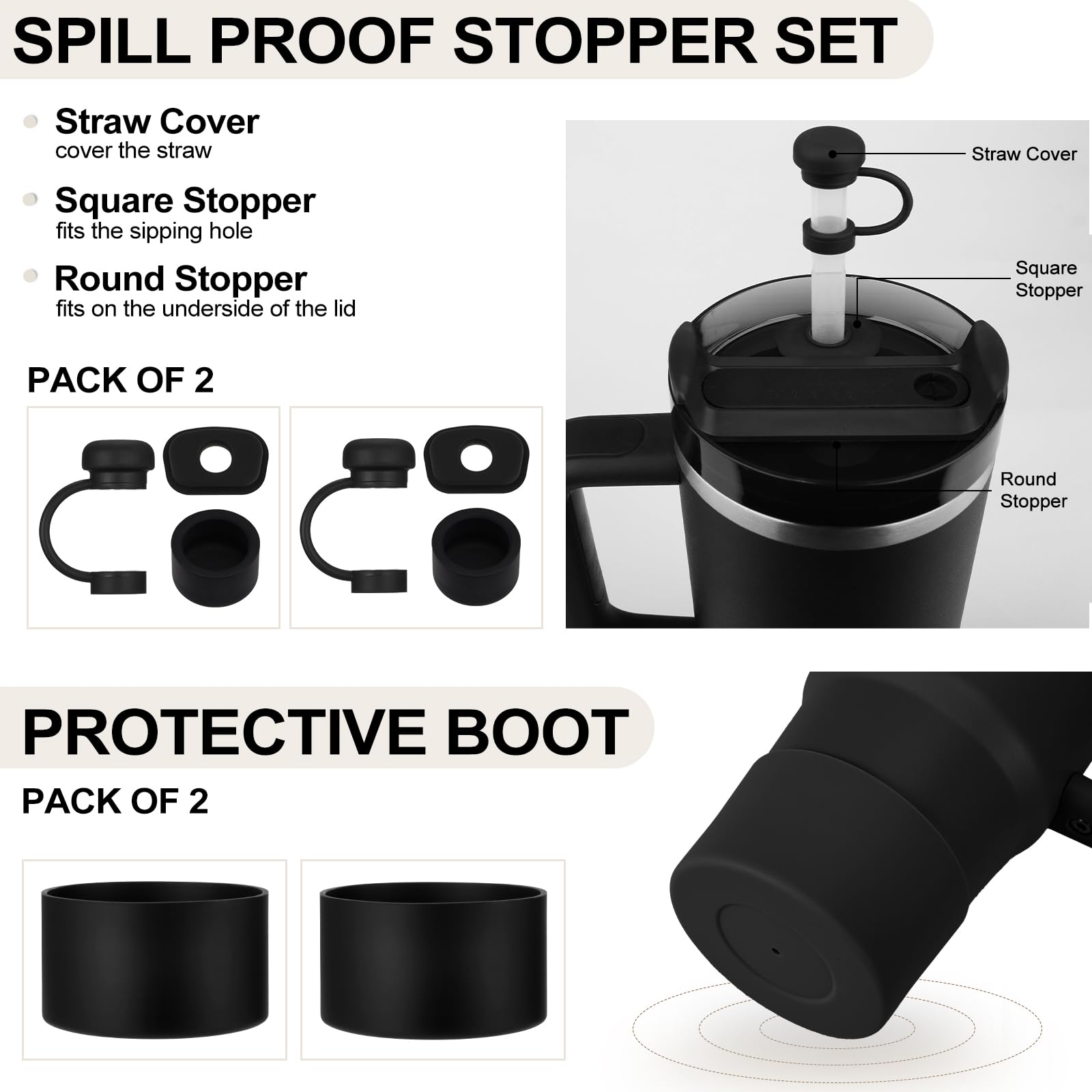 HYZ 8 Piece Accessories for Stanley Cup, Silicone Spill Proof Stopper Set and Protective Boot Including Straw Cover Cap for Stanley H2.0 20oz 30oz 40oz Tumbler, Black