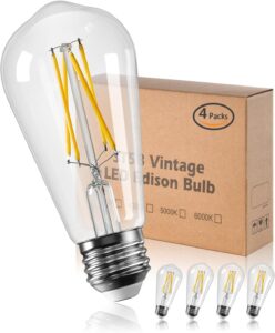 ultra-lasting 25000hs+ st58 e26 led bulbs 60 watt vintage led edison bulbs warm white 2700k high brightness, bathroom light bulbs with 90+ cri non dimmable clear glass, pack of 4