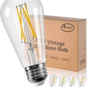 Ultra-Lasting 25000hs+ ST58 E26 LED Bulbs 60 Watt Vintage LED Edison Bulbs Warm White 2700K High Brightness, Bathroom Light Bulbs with 90+ CRI Non Dimmable Clear Glass, Pack of 4