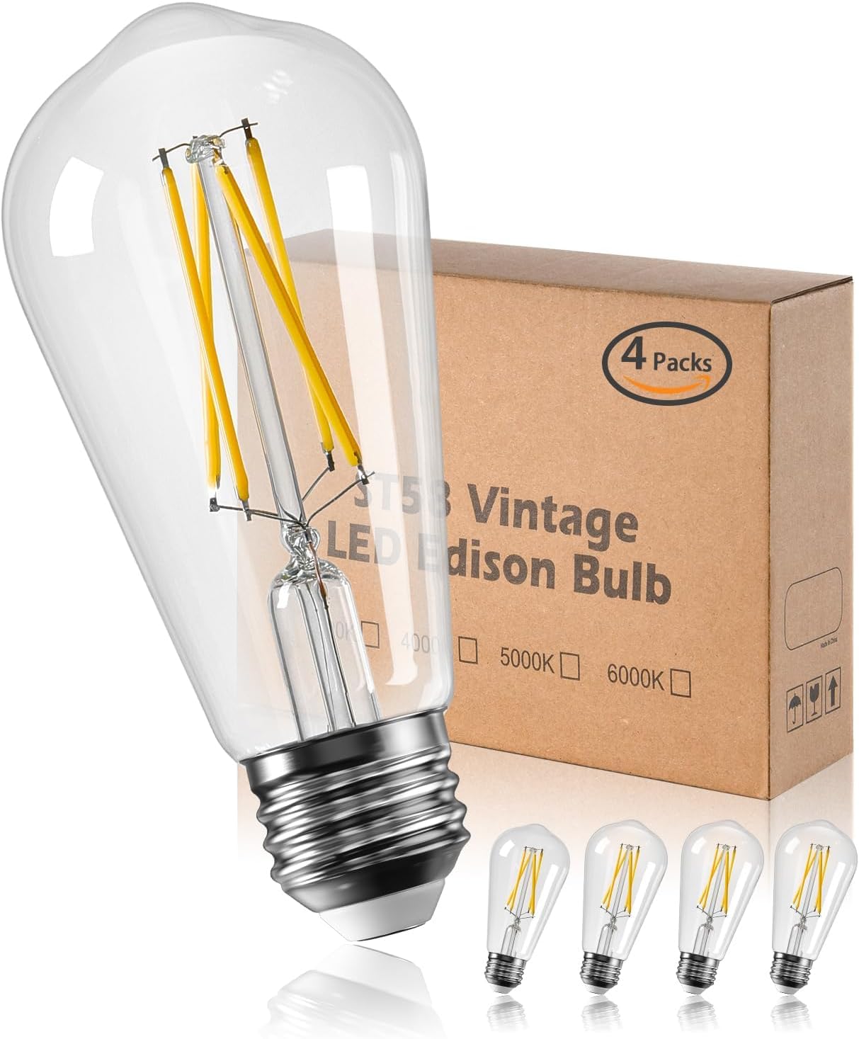 Ultra-Lasting 25000hs+ ST58 E26 LED Bulbs 60 Watt Vintage LED Edison Bulbs Warm White 2700K High Brightness, Bathroom Light Bulbs with 90+ CRI Non Dimmable Clear Glass, Pack of 4