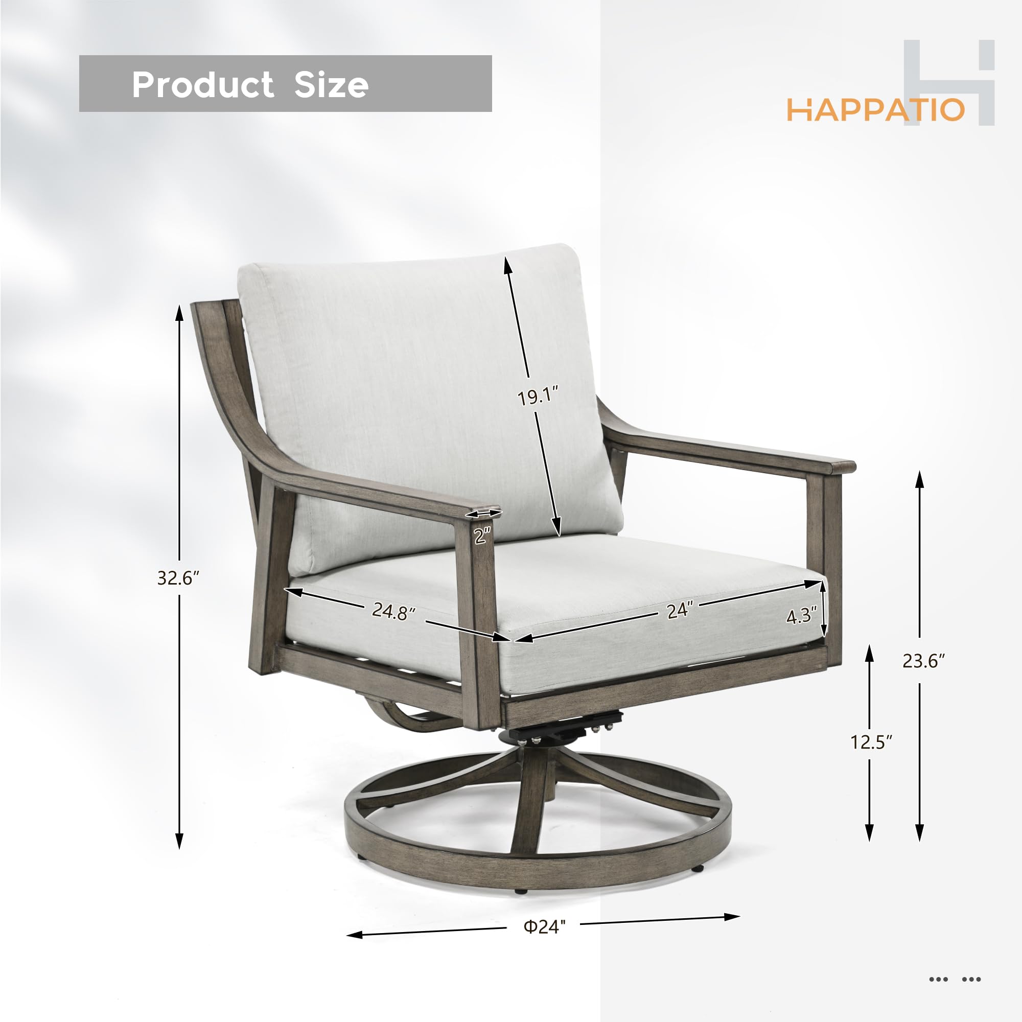 HAPPATIO Outdoor Patio Single Swivel Sofa Chair, Aluminum Patio Furniture Armchair,360 Degree Rotating Basic with 4.5" Thicken Removable Cushions for Deck, Lawn, Outside (Grey)