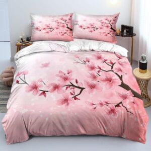 CCoutueChen Japanese Style Floral Comforter Bedding Set King Size Cherry Blossom Bed Sets Botanical Comforter Insert Romantic Pink Flowers Bedding 3Pcs Soft Lightweight Comforter(Girls Women Adult)