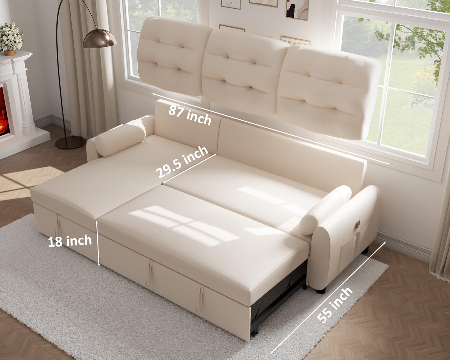 Ucloveria Sectional Sofa Couch, 87" Sleeper Sofa Bed with Reversible Storage Chaise Pull Out Couch for Living Room | Side Pocket | Charging Station | Removable Backrest | Linen Fabric, Beige