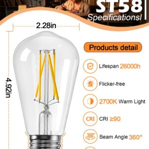 Ultra-Lasting 25000hs+ ST58 E26 LED Bulbs 60 Watt Vintage LED Edison Bulbs Warm White 2700K High Brightness, Bathroom Light Bulbs with 90+ CRI Non Dimmable Clear Glass, Pack of 4