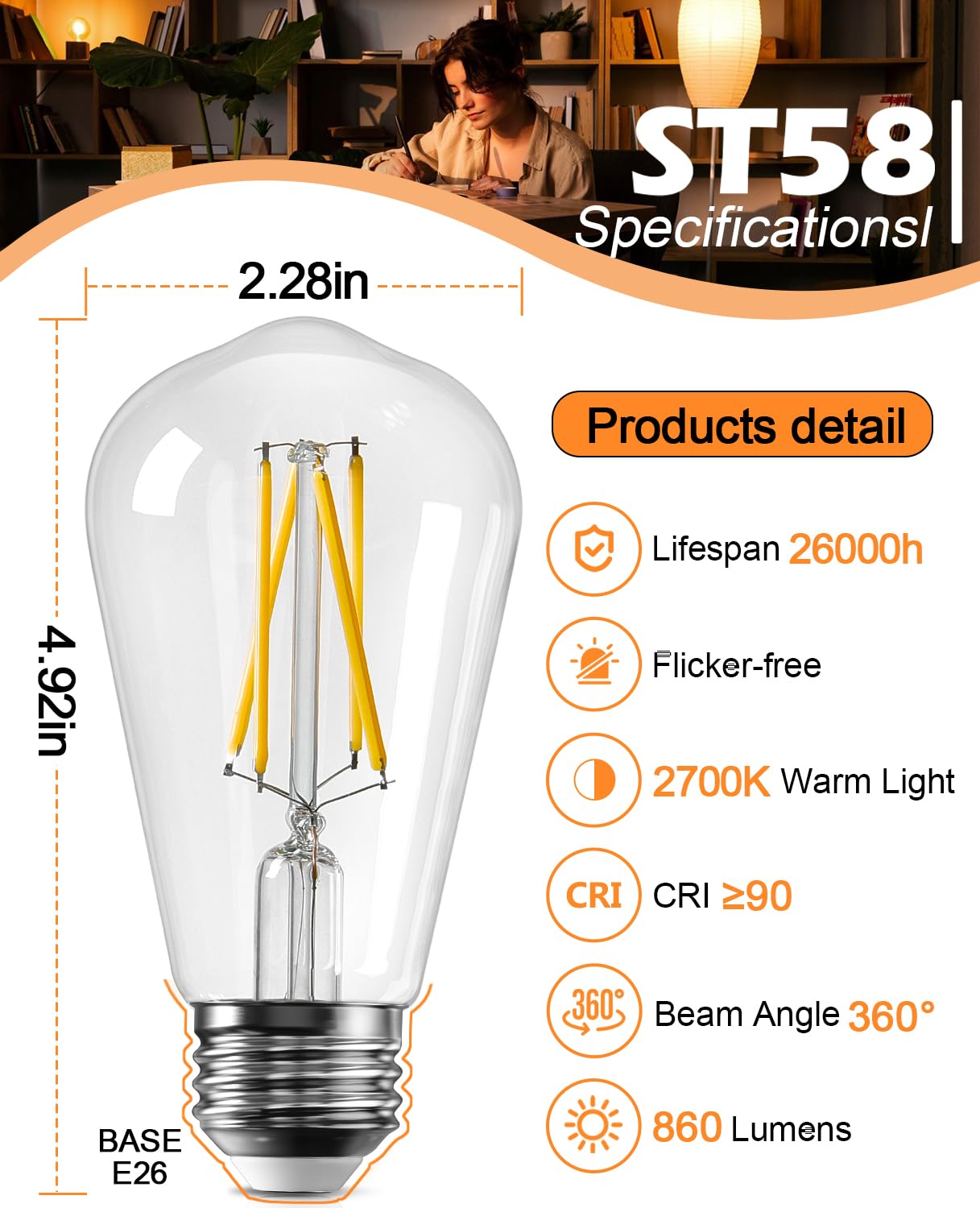 Ultra-Lasting 25000hs+ ST58 E26 LED Bulbs 60 Watt Vintage LED Edison Bulbs Warm White 2700K High Brightness, Bathroom Light Bulbs with 90+ CRI Non Dimmable Clear Glass, Pack of 4