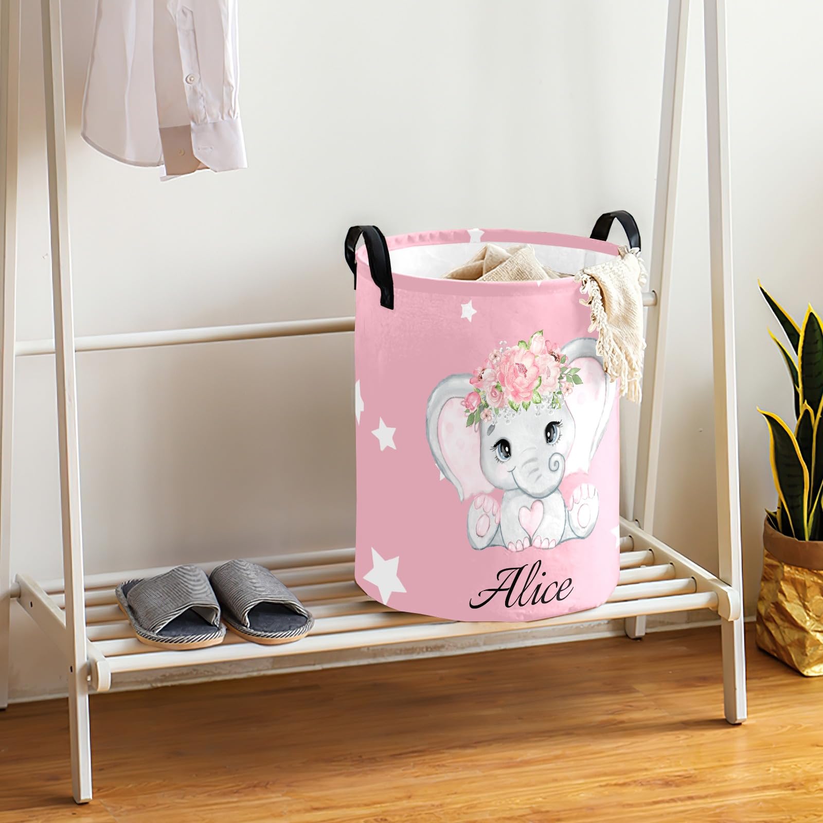 Lomfeli Personalized Large Laundry Basket, Folding Laundry Basket With Handle Storage Dirty Clothes Basket Baby Hamper For Nursery Room Laundry Room(Pink Elephant)