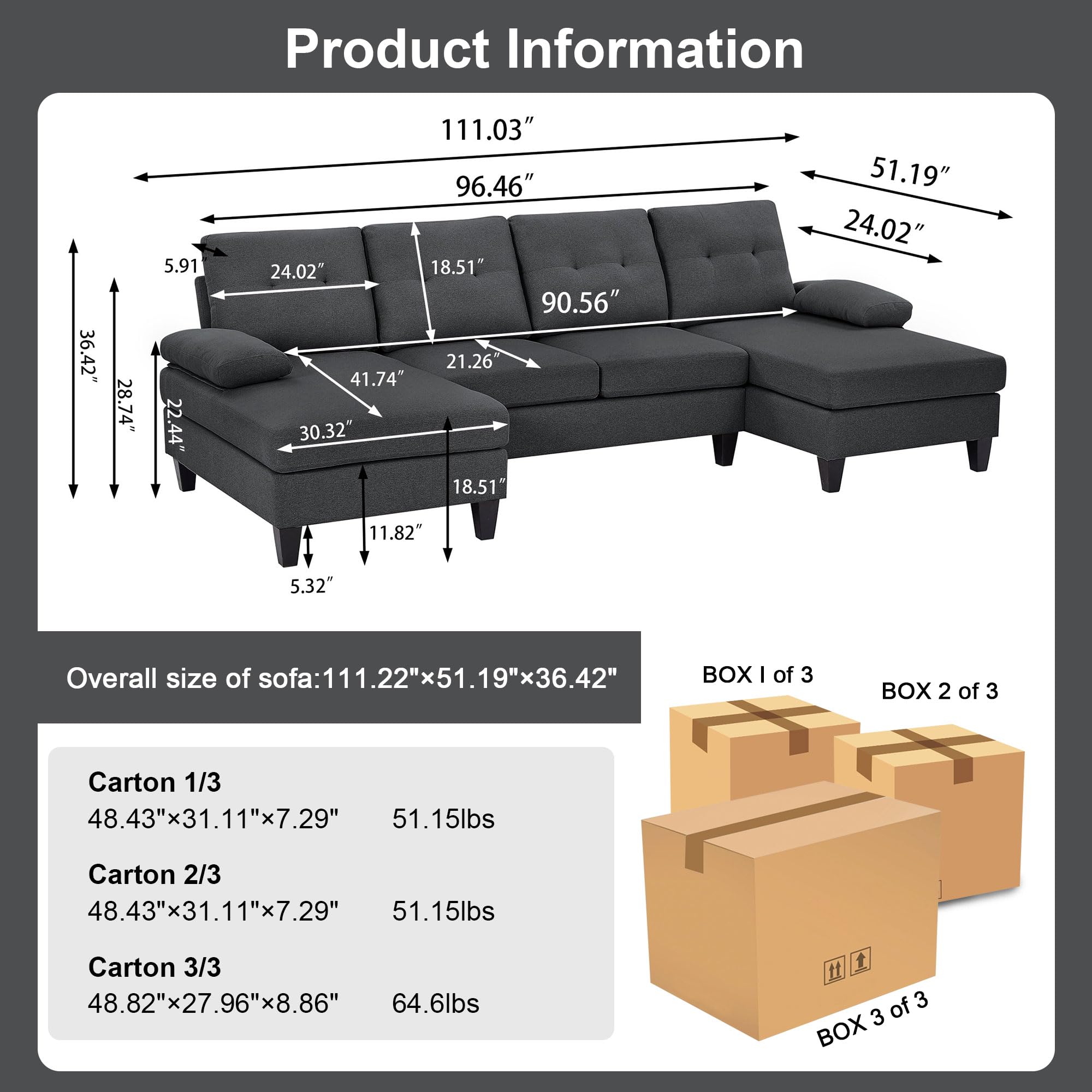 Jarenie U Shaped Couch with Chaise, Modern U Shaped Sectional Sofa Easy to Assemble, U Shape Couch Double Chaise Sofa 100% Polyester & Memory Foam, Dark Grey