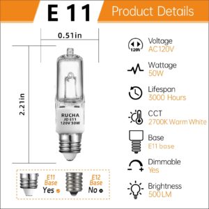 RUCHA E11 Halogen Buld, JDE11 120V 50W Dimmable Halogen Light bulds(Replacement E11 LED Buld), T4 Mini Candelabra Base, for Chandeliers, Candelabra,Ceiling Fan, Table Lamps, Cabinet Lighting, 4 Pack