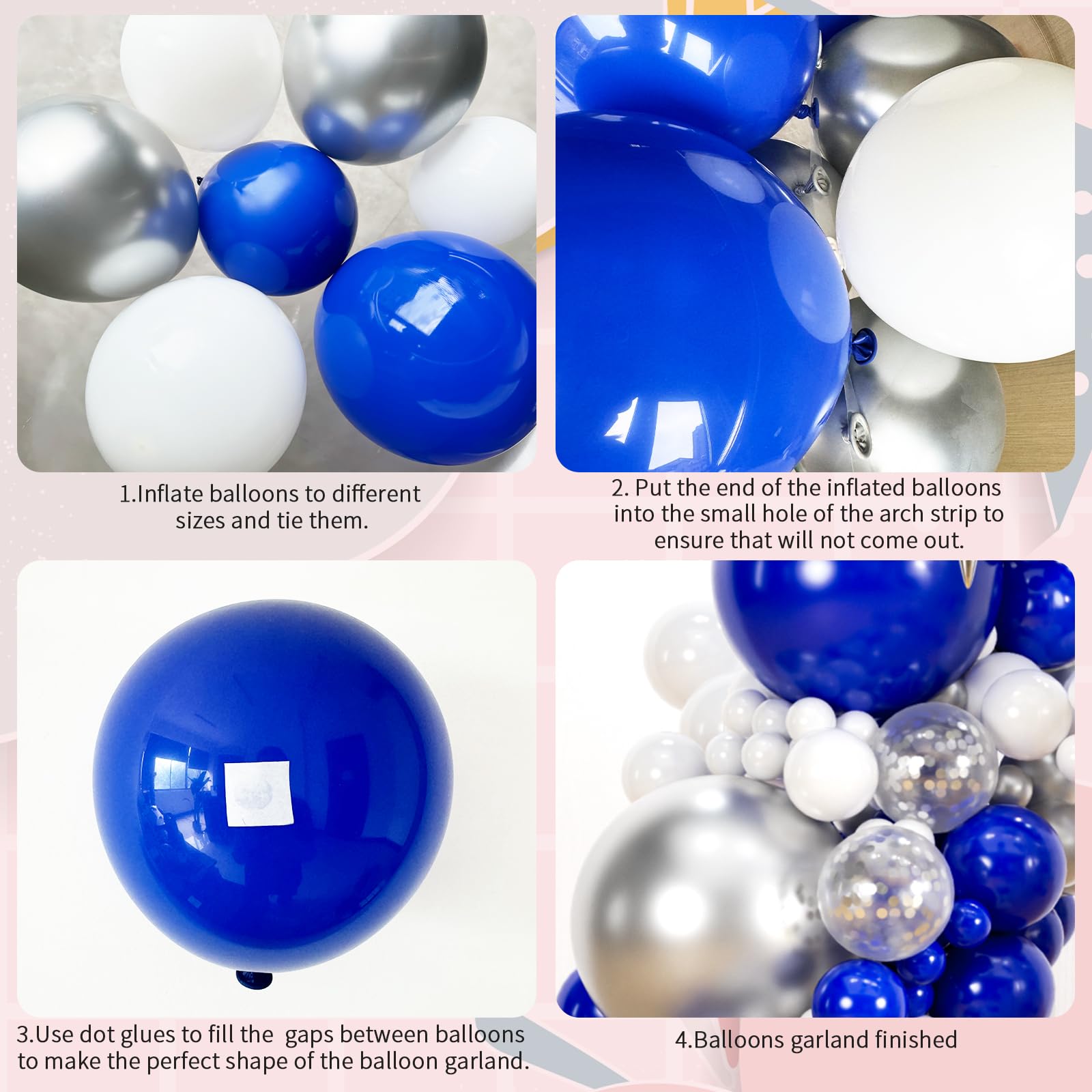 191pcs Blue Silver White Balloons Garland Arch Kit with 3pcs Starburst Foil Balloons, 18 12 10 5inch Royal Blue Silver Confetti Balloons for Birthday Graduation Baby Shower Party Decorations