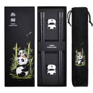 chopsticks reusable fiberglass chopsticks with holder chinese japanese gift set chopsticks set dishwasher safe alloy chopsticks + ceramic cute panda chopstick rest (2 pairs - panda)