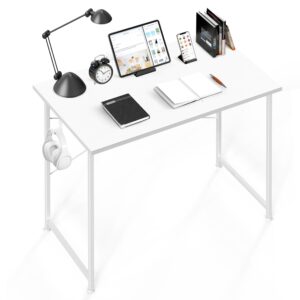 yssoa computer desk home office work study writing modern simple table with headphone hooks, 40 inch, basic white