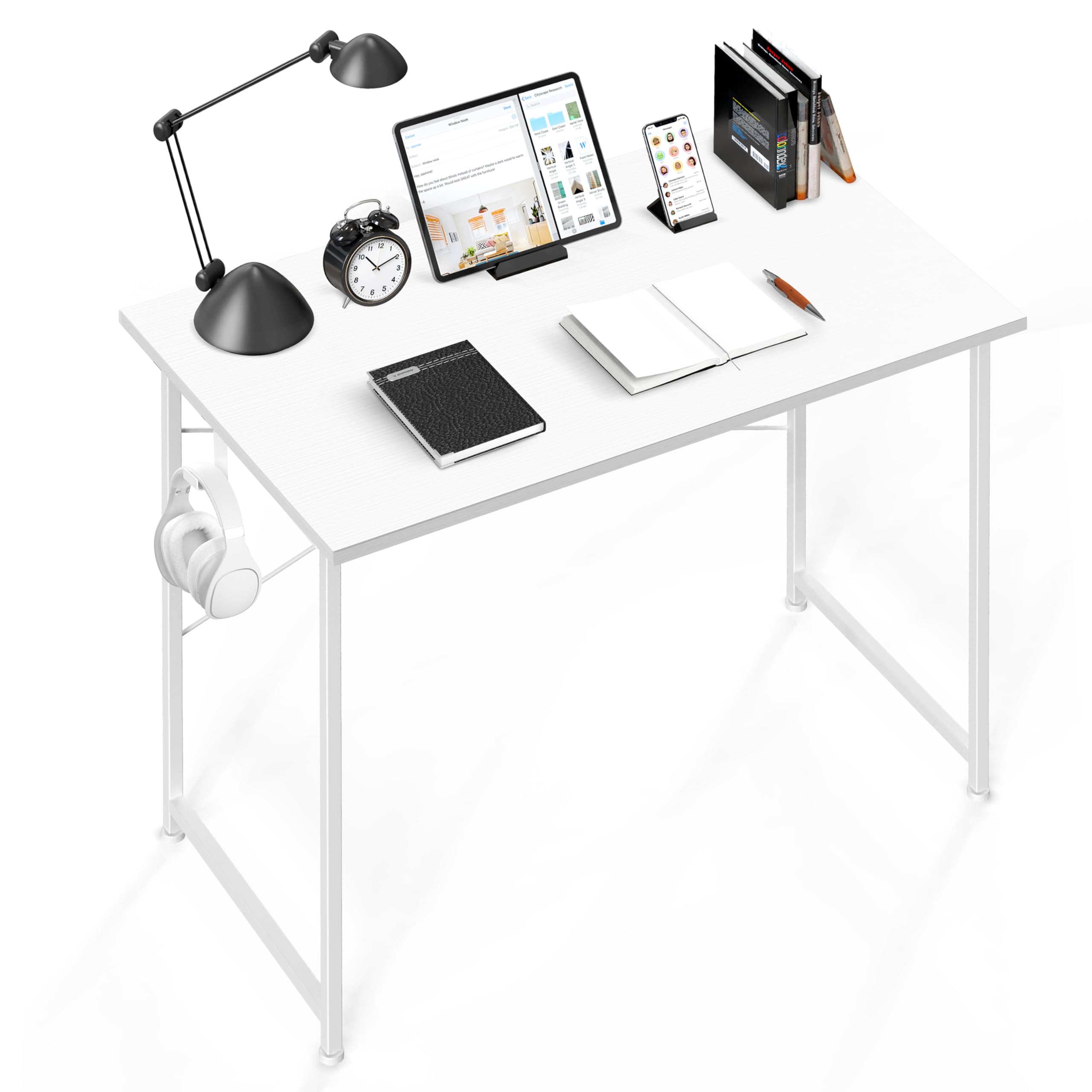 YSSOA Computer Desk Home Office Work Study Writing Modern Simple Table with Headphone Hooks, 40 Inch, Basic White