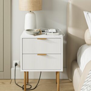 Aienvey Nightstand with Charging Station,Small Side Table with 2 Drawers, Bedside Furniture, White Night Stand, End Table with Gold Frame for Bedroom, Living Room, Stripe