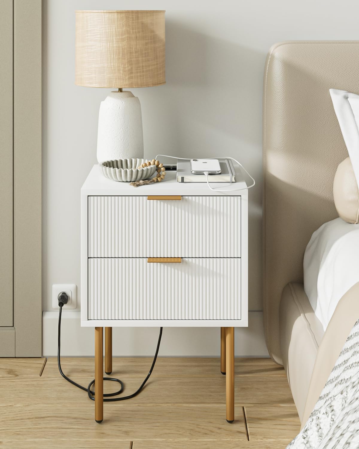 Aienvey Nightstand with Charging Station,Small Side Table with 2 Drawers, Bedside Furniture, White Night Stand, End Table with Gold Frame for Bedroom, Living Room, Stripe