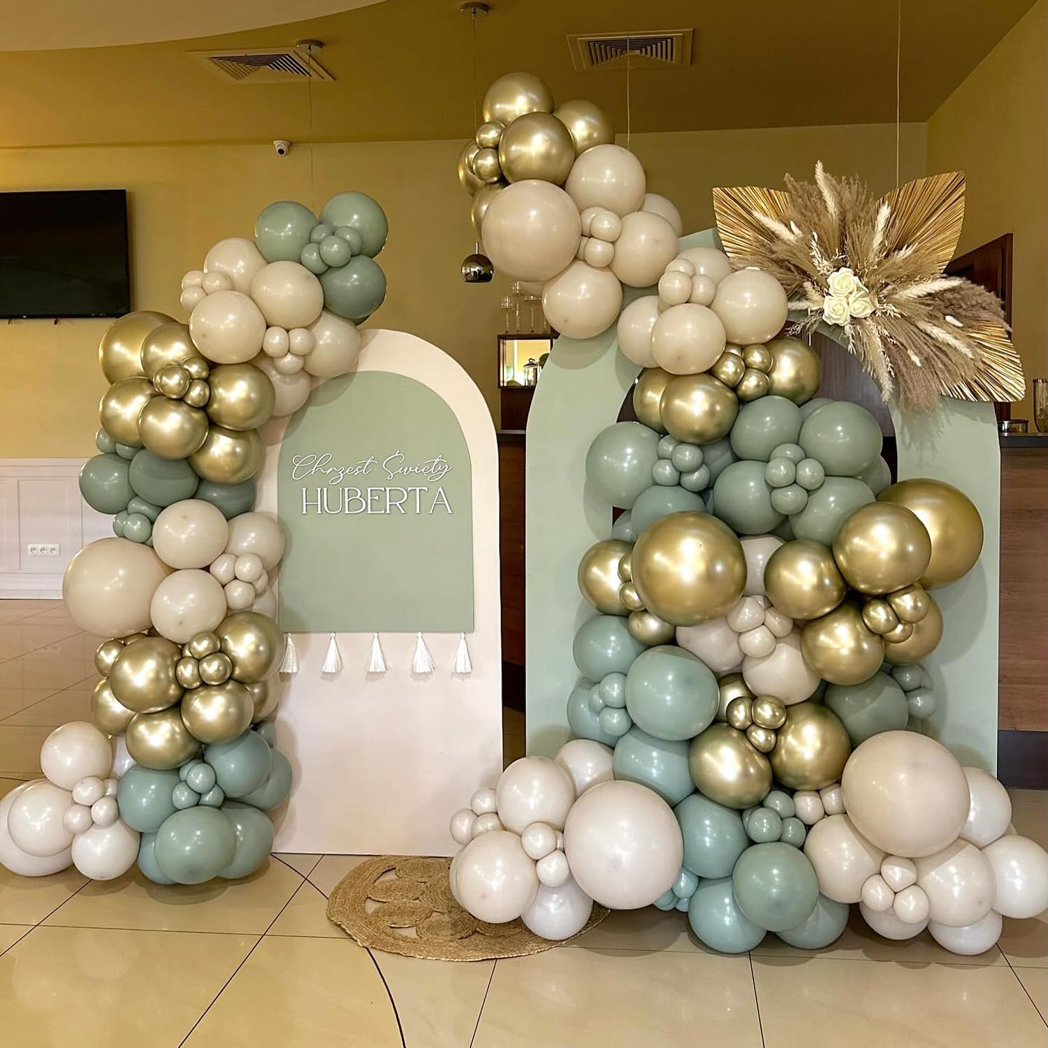 Sage Green Balloon Garland Arch Kit, 156pcs Avocado Green White Sand Gold Dusty Blue Balloons for Baby Shower Boho Bridal Shower Birthday Communion Party Wedding Decorations