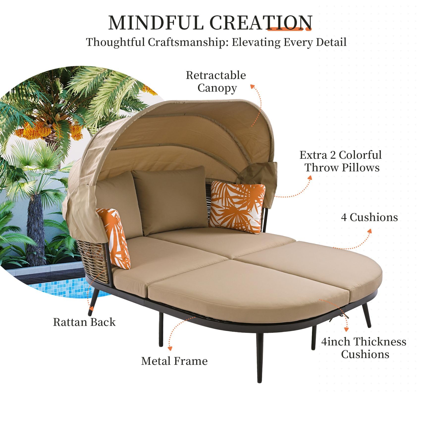 Merax 74.8" L Outdoor Daybed with Retractable Canopy Mattress Included, Patio Rattan Back Loveseat Sofa, Day Bed Throw Pillows and Cushions Set for Backyard, Poolside, Garden, Brown