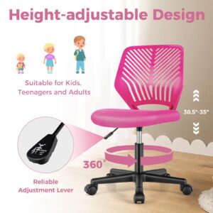 COSTWAY Height-Adjustable Ergonomic Kids Desk Chair, Swivel Armless Task Chair w/Universal Casters, Children Study Chair, Kids Mesh Computer Chair for Teens, Home, Office (Pink)