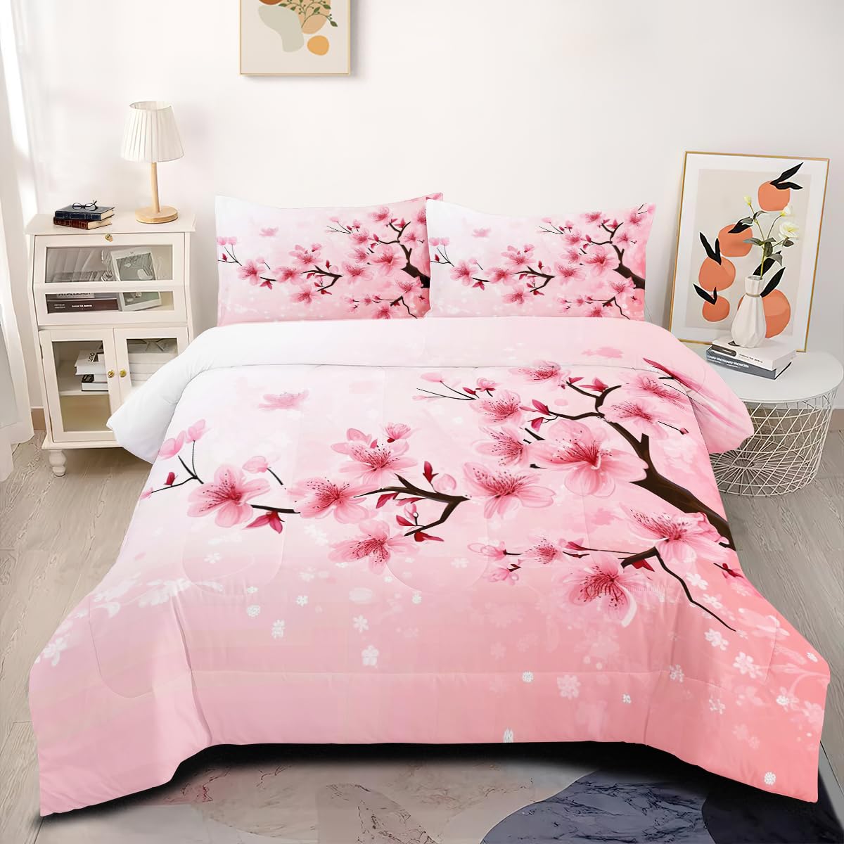 CCoutueChen Japanese Style Floral Comforter Bedding Set King Size Cherry Blossom Bed Sets Botanical Comforter Insert Romantic Pink Flowers Bedding 3Pcs Soft Lightweight Comforter(Girls Women Adult)