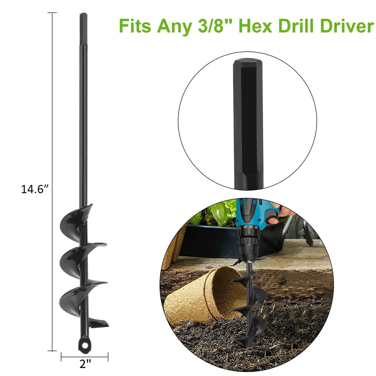 Auger Drill Bit for Planting 2 x 14.6 Inch, Garden Auger Spiral Drill Bit for 3/8" Hex Drive Drill, Earth Post Hole Digger Bulb Planter Plant Flower Planting Auger for Drill Rapid Bedding Digging