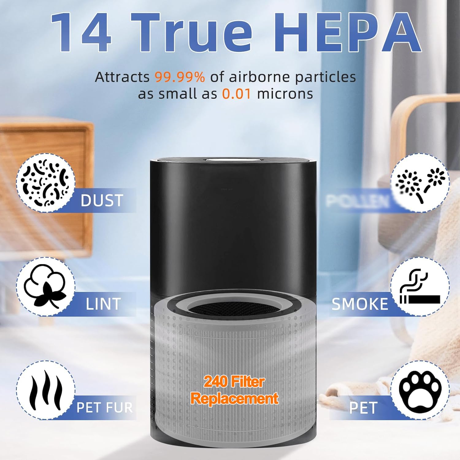 14 True HEPA Filter Replacement for Puro 240 Air Purifier, HP-14 240 Replacement Filter for 240 Air Purifier, 3-in-1 Activated Carbon Air Purifier Filter, 2 Pack