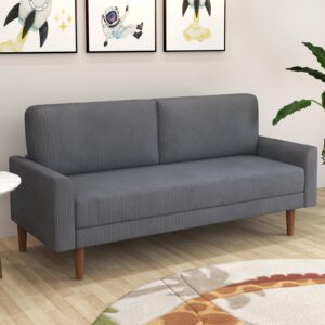 ebello 67" corduroy modern sofa couch, cozy comfy overstuffed 2 seat loveseat couch sofa with solid wood feet, soft padded seat small living room futon for apartment, gray