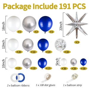 191pcs Blue Silver White Balloons Garland Arch Kit with 3pcs Starburst Foil Balloons, 18 12 10 5inch Royal Blue Silver Confetti Balloons for Birthday Graduation Baby Shower Party Decorations