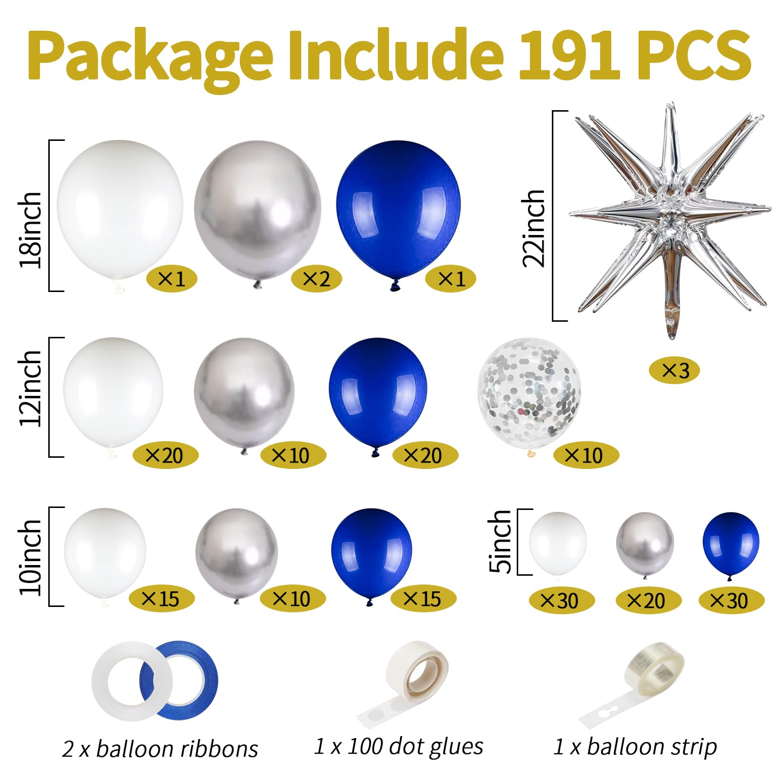 191pcs Blue Silver White Balloons Garland Arch Kit with 3pcs Starburst Foil Balloons, 18 12 10 5inch Royal Blue Silver Confetti Balloons for Birthday Graduation Baby Shower Party Decorations