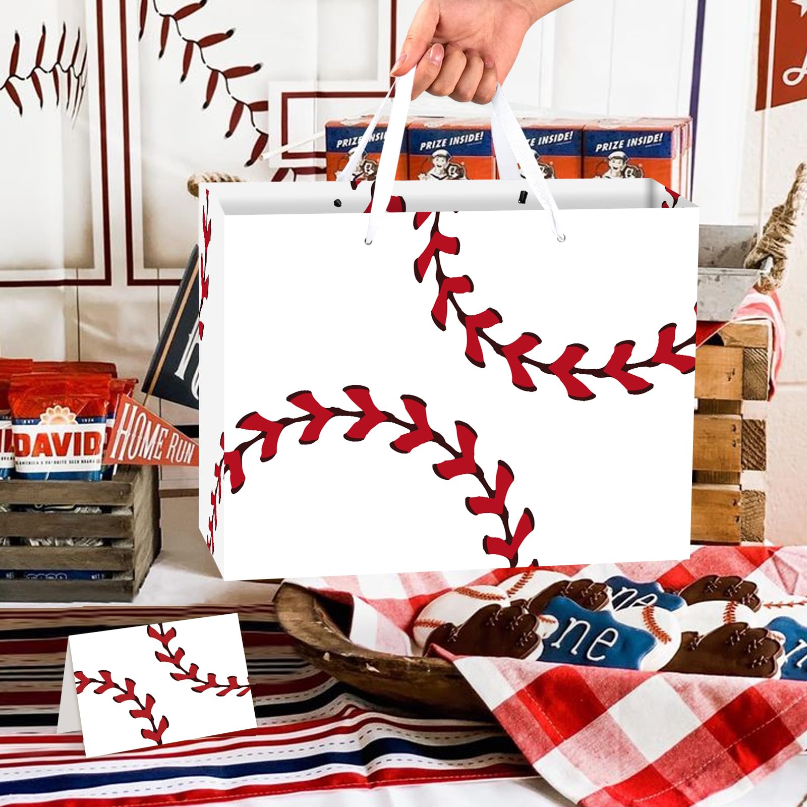 Jiaoiudi Baseball Party Bags with Tissue Paper Greeting Card Baseball Gift Bags Large with Handles Baseball Goodie Bags