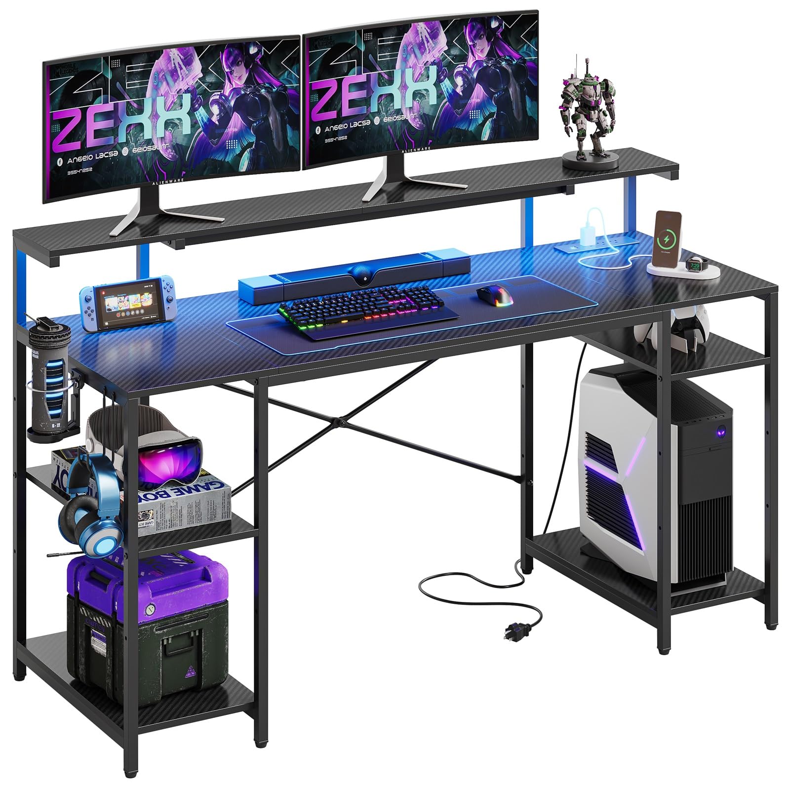 Bestier 55 inch Gaming Desk with Power Outlets & LED Lights, Computer Desk with Monitor Stand & Adjustable Shelves, Home Office Desk with Cup Holder & Hook, Black 3D Carbon Fiber