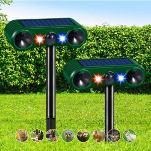 2 pcs solar ultrasonic animal repellent, 2024 nocturnal animal deterrent with motion detection siren red blue led predator light for cat coyote deer dog bird squirrel skunk for yard lawn chicken coop