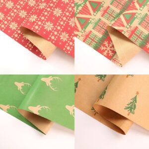 LaRibbons Kraft Christmas Wrapping Paper Set, 30 Inch X 10 Feet (4 Rolls: 100 Sq. Ft. Ttl) Snowflake, Green Tree, Deer Antlers and Gift Box Shapes Design for Xmas, Party, Holiday, Celebration