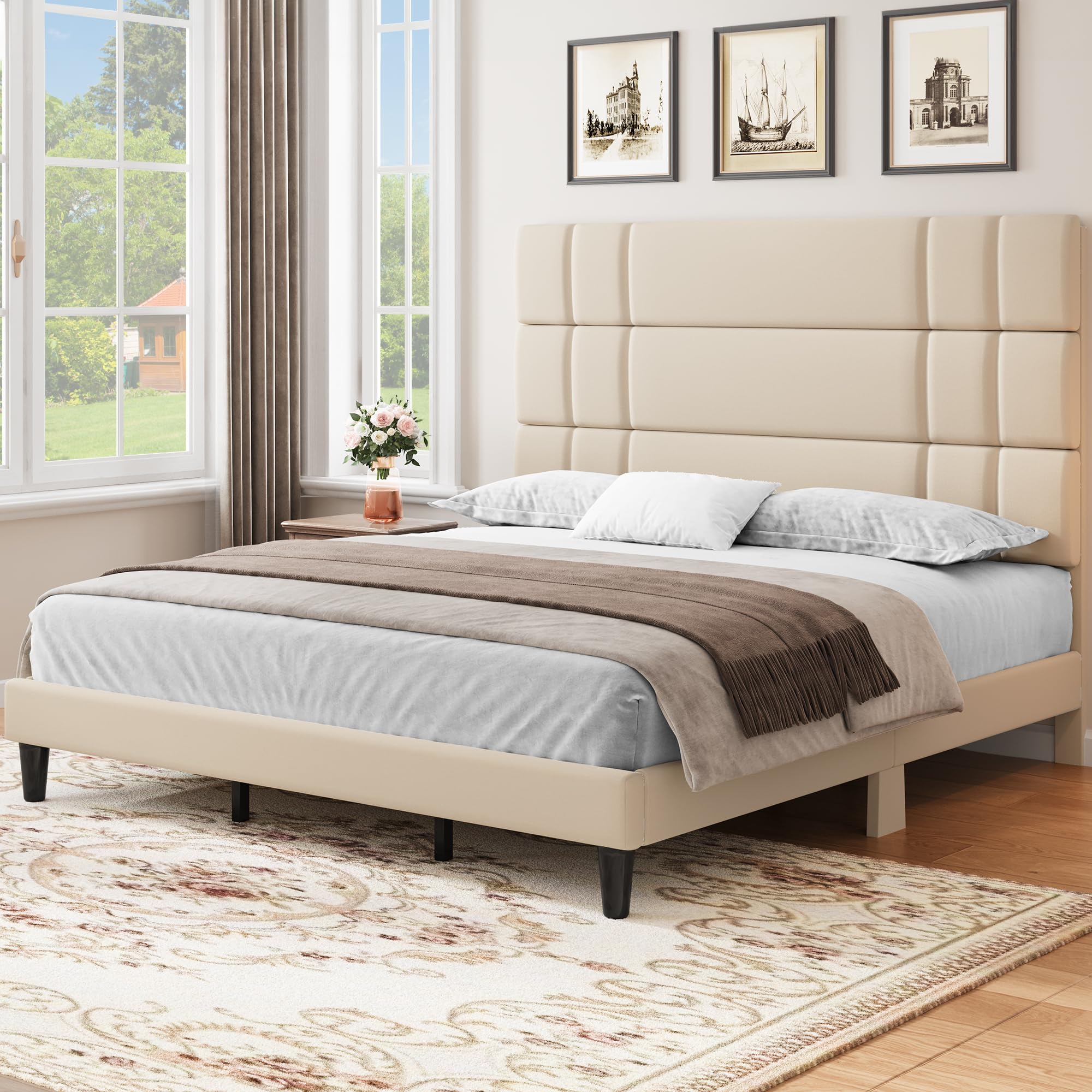 YITAHOME King Bed Frame Linen Fabric Upholstered Platform with Headboard and Strong Wooden Slats, Non-Slip and Noise-Free,No Box Spring Needed, Easy Assembly,Beige