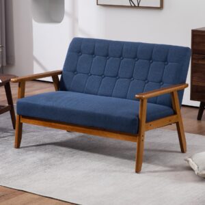 dolonm mid century modern loveseat, small loveseat sofa with wood frame, linen loveseat for small space, settee loveseat bench for bedroom, button tufted oversized living room armchair, navy